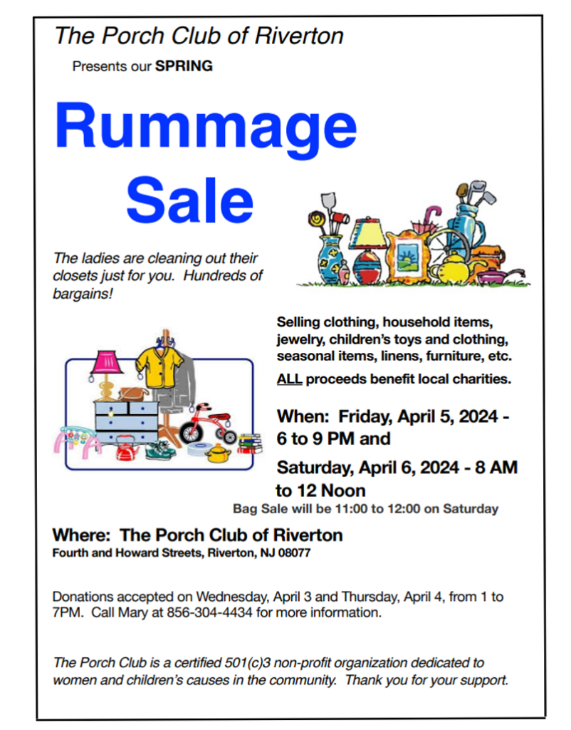 Porch Club Annual Rummage Sale Fundraiser 4/5 & 4/6 - Borough Of ...